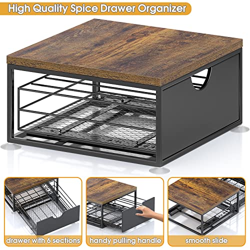 FOOZOUP Pull Out Spice Rack Organizer for Countertop Cabinet with Wood Shelf,Drawer Metal Pull Down Spice Drawer Can Hold 36 Jars