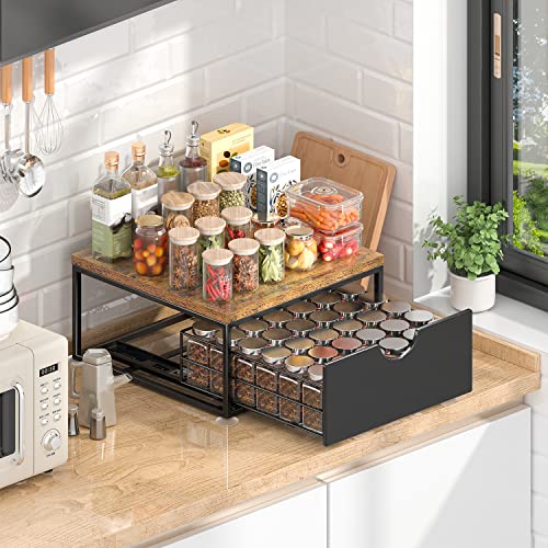 FOOZOUP Pull Out Spice Rack Organizer for Countertop Cabinet with Wood Shelf,Drawer Metal Pull Down Spice Drawer Can Hold 36 Jars