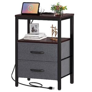 huuger nightstand with charging station, side table with fabric drawers, end table with open shelf, bedside table with usb ports and outlets, night stand for bedroom, walnut