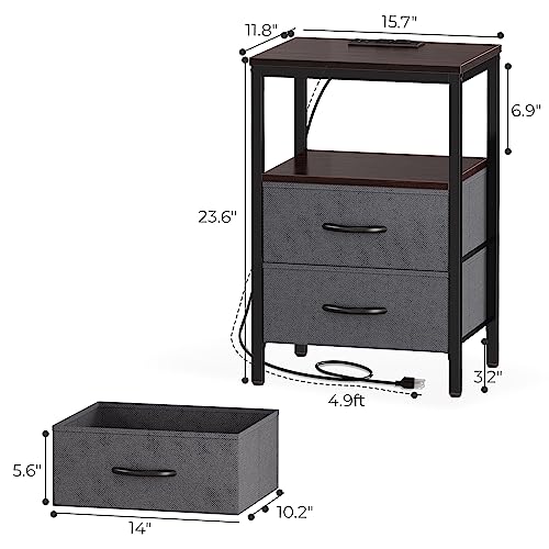 Huuger Nightstand with Charging Station, Side Table with Fabric Drawers, End Table with Open Shelf, Bedside Table with USB Ports and Outlets, Night Stand for Bedroom, Walnut