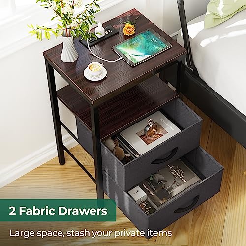 Huuger Nightstand with Charging Station, Side Table with Fabric Drawers, End Table with Open Shelf, Bedside Table with USB Ports and Outlets, Night Stand for Bedroom, Walnut