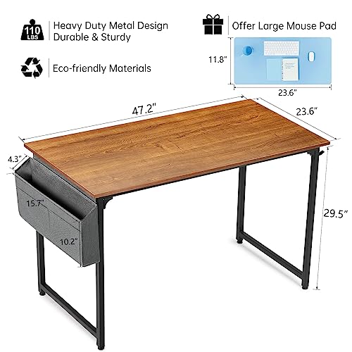 COMHOMA Computer Desk, 47 Inch Home Office Desks with Storage Bag and Headphone Hook, Modern Simple Style Writing Study Work Computer Table (Brown)