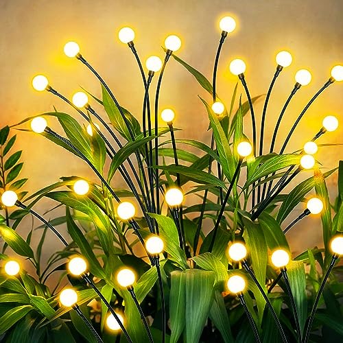 Solar Outdoor Garden Lights, 4-Pack 32 LED Solar Outside Firefly Lights with 2 Lighting Modes, Waterproof Swaying Solar Powered Lights for Pathway Yard Christmas Landscape Patio Decoration, Warm White