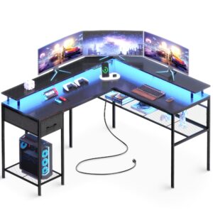 huuger l shaped desk gaming desk with led lights & power outlets, computer desk with storage shelves, corner desk home office desk, black