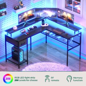 Huuger L Shaped Desk Gaming Desk with LED Lights & Power Outlets, Computer Desk with Storage Shelves, Corner Desk Home Office Desk, Black