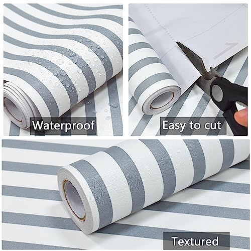 Striped Wallpaper Peel and Stick Wallpaper Boho Contact Paper for Cabinets Grey and White Wallpaper Line Modern Wallpaper for Bedroom Self-Adhesive Removable Wallpaper Boy Room Shelf Liner 17.3“×78.7”