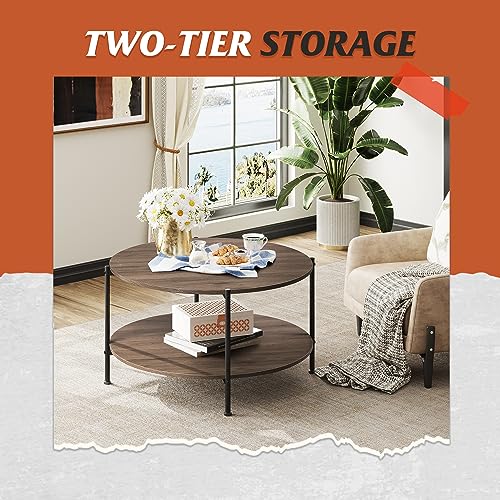 WLIVE Round Coffee Table, Living Room Table with 2-Tier Storage Shelf,32in Wood Modern Coffee Table with Metal Frame and Wood Desktop,Easy Assembly，Brown Walnut.