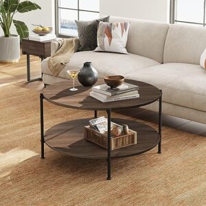 WLIVE Round Coffee Table, Living Room Table with 2-Tier Storage Shelf,32in Wood Modern Coffee Table with Metal Frame and Wood Desktop,Easy Assembly，Brown Walnut.