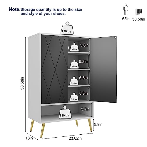 HOMEFORT Shoe Cabinet,15 Pairs Shoe Rack Organizer Cabinet, Freestanding Shoe Storage Cabinet for Narrow Entryway Closet,6-Tier Modern Shoe Organizer with Double Doors and Adjustable Shelf (White)