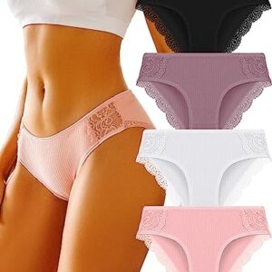 FINETOO Womens Cotton Underwear Sexy Lace Bikini Panties Low Rise Soft Stretch ladies Cotton Cheeky Hipster 4 Pack(4A,M)