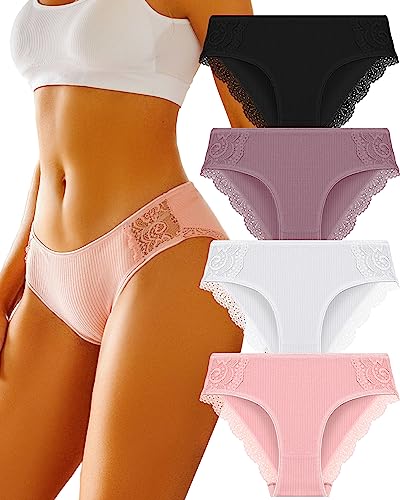 FINETOO Womens Cotton Underwear Sexy Lace Bikini Panties Low Rise Soft Stretch ladies Cotton Cheeky Hipster 4 Pack(4A,M)