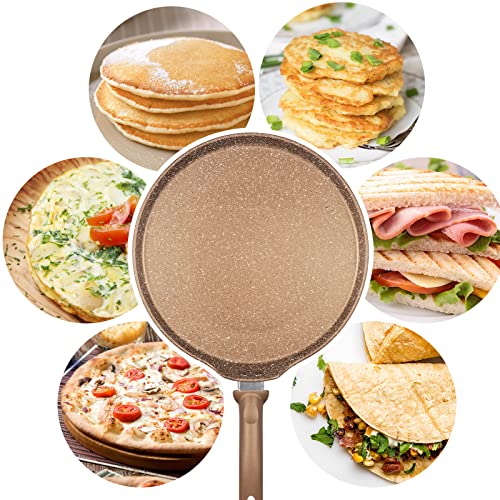 Innerwell Nonstick Crepe Pan, Granite Coating Flat Skillet Dosa Tawa Tortilla Pan, 10 inch Pancake Griddle Roti Pan With Stay-Cool Handle, Induction Compatible, PFOA Free