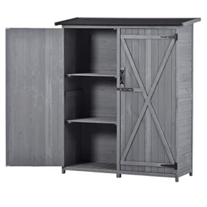 Outdoor Storage Shed with Floor, Wooden Storage Cabinet Waterproof, Garden Tool Shed with 3-Tier Shelves, Outside Vertical Shed with 2 Double Doors, Fir Wood, 2 Locks & Handles (Gray)