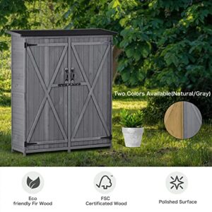 Outdoor Storage Shed with Floor, Wooden Storage Cabinet Waterproof, Garden Tool Shed with 3-Tier Shelves, Outside Vertical Shed with 2 Double Doors, Fir Wood, 2 Locks & Handles (Gray)