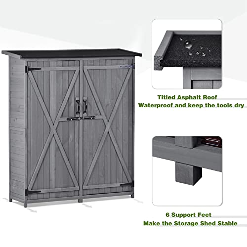 Outdoor Storage Shed with Floor, Wooden Storage Cabinet Waterproof, Garden Tool Shed with 3-Tier Shelves, Outside Vertical Shed with 2 Double Doors, Fir Wood, 2 Locks & Handles (Gray)