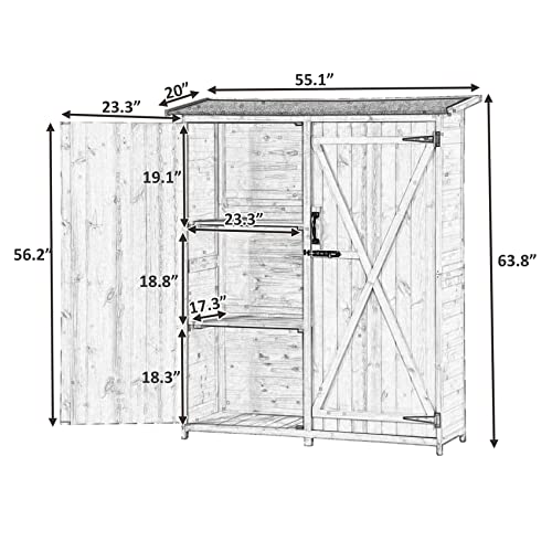 Outdoor Storage Shed with Floor, Wooden Storage Cabinet Waterproof, Garden Tool Shed with 3-Tier Shelves, Outside Vertical Shed with 2 Double Doors, Fir Wood, 2 Locks & Handles (Gray)