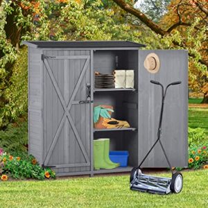 Outdoor Storage Shed with Floor, Wooden Storage Cabinet Waterproof, Garden Tool Shed with 3-Tier Shelves, Outside Vertical Shed with 2 Double Doors, Fir Wood, 2 Locks & Handles (Gray)