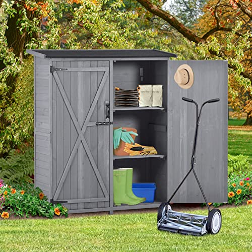 Outdoor Storage Shed with Floor, Wooden Storage Cabinet Waterproof, Garden Tool Shed with 3-Tier Shelves, Outside Vertical Shed with 2 Double Doors, Fir Wood, 2 Locks & Handles (Gray)