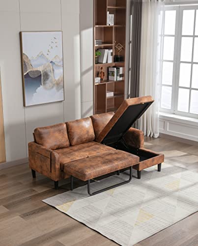 Eafurn Sectional Pull Out Bed, PU Leather Upholstered 3 Seats Sleeper Chaise Lounge w/Storage, Modern Design 72" L-Shaped Corner Sofa & Couches for Living Room, 50" D x 72.44" W x 31.5" H, Coffee