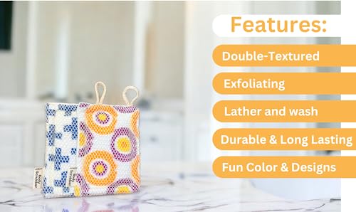 Premium Exfoliating Pad, Scrub, Body Scrubber, Dual-Sided with African Net/Cotton Flannel and Terry Cloth – Bath Shower Sponge-Gets You Clean, Not Just applying Soap – 24 Random Designs (2-Pack)