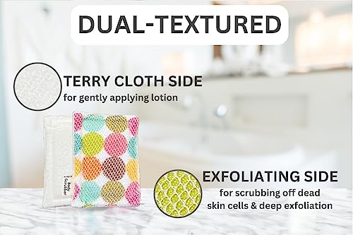 Premium Exfoliating Pad, Scrub, Body Scrubber, Dual-Sided with African Net/Cotton Flannel and Terry Cloth – Bath Shower Sponge-Gets You Clean, Not Just applying Soap – 24 Random Designs (2-Pack)