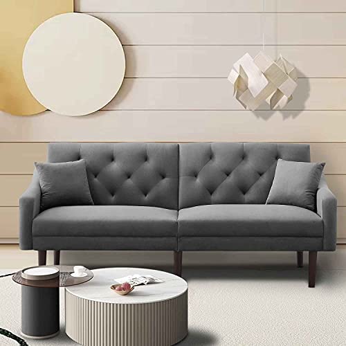 DNYN Convertible Sleeper Futon Sofa with 2 Pillows, Velvet Tufted Couch w/Metal Legs and Adjustable Backrest, for Apartment Office Small Space Living Room Furniture, Gray