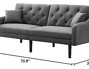 DNYN Convertible Sleeper Futon Sofa with 2 Pillows, Velvet Tufted Couch w/Metal Legs and Adjustable Backrest, for Apartment Office Small Space Living Room Furniture, Gray