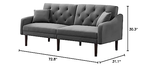 DNYN Convertible Sleeper Futon Sofa with 2 Pillows, Velvet Tufted Couch w/Metal Legs and Adjustable Backrest, for Apartment Office Small Space Living Room Furniture, Gray