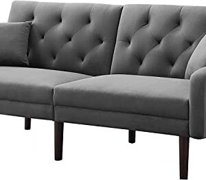 DNYN Convertible Sleeper Futon Sofa with 2 Pillows, Velvet Tufted Couch w/Metal Legs and Adjustable Backrest, for Apartment Office Small Space Living Room Furniture, Gray