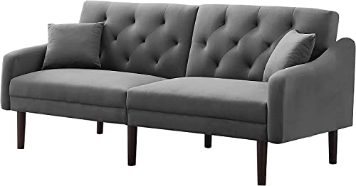 DNYN Convertible Sleeper Futon Sofa with 2 Pillows, Velvet Tufted Couch w/Metal Legs and Adjustable Backrest, for Apartment Office Small Space Living Room Furniture, Gray