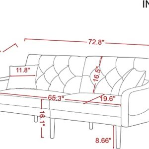 DNYN Convertible Sleeper Futon Sofa with 2 Pillows, Velvet Tufted Couch w/Metal Legs and Adjustable Backrest, for Apartment Office Small Space Living Room Furniture, Gray