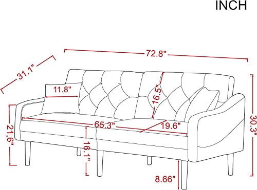 DNYN Convertible Sleeper Futon Sofa with 2 Pillows, Velvet Tufted Couch w/Metal Legs and Adjustable Backrest, for Apartment Office Small Space Living Room Furniture, Gray