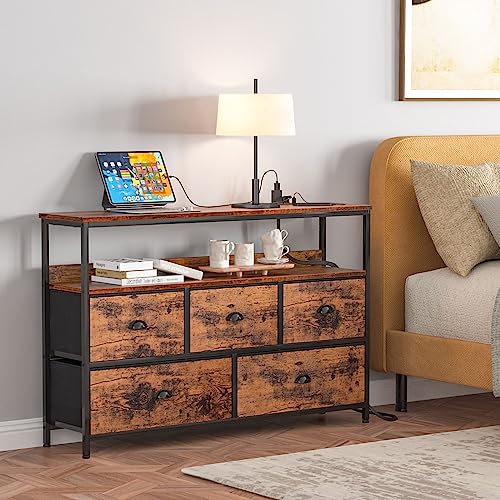 Furologee Console Sofa Table with Power Outlet, Long 45" Dresser TV Stand with 5 Drawers, Entryway Table with Shelves, Entertainment Center for 55'' TV, Bedroom, Living Room, Hallway, Rustic Brown