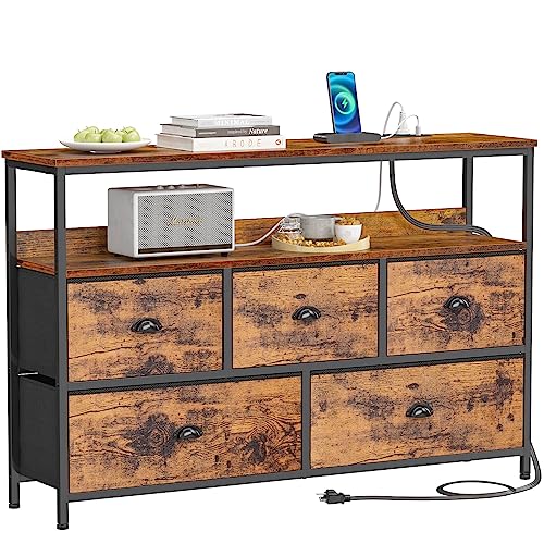 Furologee Console Sofa Table with Power Outlet, Long 45" Dresser TV Stand with 5 Drawers, Entryway Table with Shelves, Entertainment Center for 55'' TV, Bedroom, Living Room, Hallway, Rustic Brown