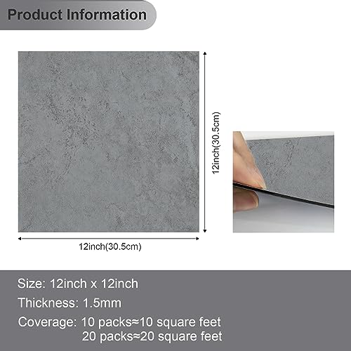 VaryStyle 12"x12" Grey Concrete Peel and Stick Floor Tiles 10-Pack Vinyl Flooring Waterproof Sticky Tiles for Floor Self Adhesive Removable Stick on Floor Tile for Kitchen Bathroom Basement Flooring