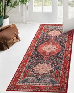 comeet washable runner rug - 2x6 boho hallway runner rug, non-slip kitchen bathroom runner rugs, long vintage accent area rug for entryway laundry bedroom red/blue