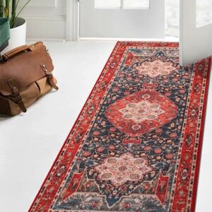 Comeet Washable Runner Rug - 2x6 Boho Hallway Runner Rug, Non-Slip Kitchen Bathroom Runner Rugs, Long Vintage Accent Area Rug for Entryway Laundry Bedroom Red/Blue