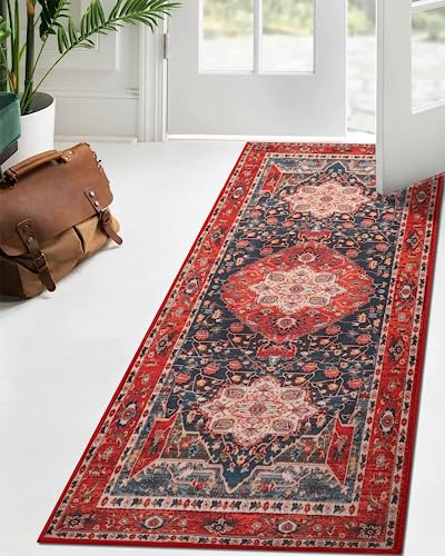 Comeet Washable Runner Rug - 2x6 Boho Hallway Runner Rug, Non-Slip Kitchen Bathroom Runner Rugs, Long Vintage Accent Area Rug for Entryway Laundry Bedroom Red/Blue