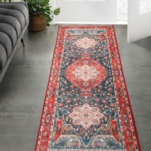 Comeet Washable Runner Rug - 2x6 Boho Hallway Runner Rug, Non-Slip Kitchen Bathroom Runner Rugs, Long Vintage Accent Area Rug for Entryway Laundry Bedroom Red/Blue