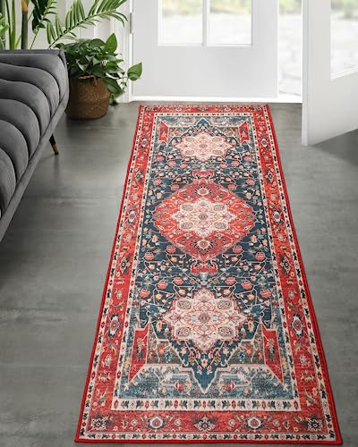 Comeet Washable Runner Rug - 2x6 Boho Hallway Runner Rug, Non-Slip Kitchen Bathroom Runner Rugs, Long Vintage Accent Area Rug for Entryway Laundry Bedroom Red/Blue