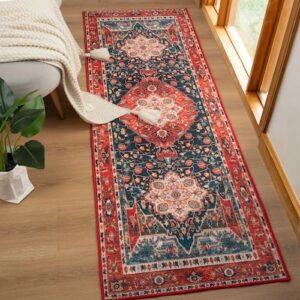 Comeet Washable Runner Rug - 2x6 Boho Hallway Runner Rug, Non-Slip Kitchen Bathroom Runner Rugs, Long Vintage Accent Area Rug for Entryway Laundry Bedroom Red/Blue