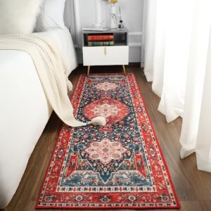 Comeet Washable Runner Rug - 2x6 Boho Hallway Runner Rug, Non-Slip Kitchen Bathroom Runner Rugs, Long Vintage Accent Area Rug for Entryway Laundry Bedroom Red/Blue