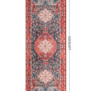 Comeet Washable Runner Rug - 2x6 Boho Hallway Runner Rug, Non-Slip Kitchen Bathroom Runner Rugs, Long Vintage Accent Area Rug for Entryway Laundry Bedroom Red/Blue