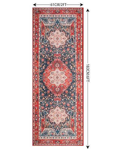 Comeet Washable Runner Rug - 2x6 Boho Hallway Runner Rug, Non-Slip Kitchen Bathroom Runner Rugs, Long Vintage Accent Area Rug for Entryway Laundry Bedroom Red/Blue