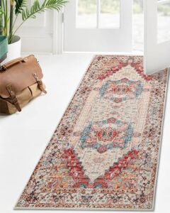 comeet washable runner rug - 2x6 boho hallway runner rug, non-slip kitchen bathroom runner rugs, long vintage accent area rug for entryway laundry bedroom orange/blue