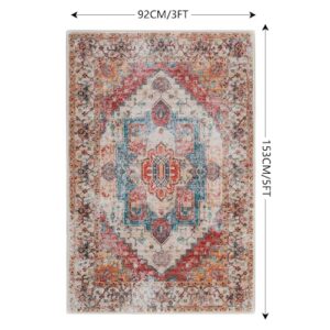 Comeet Boho Area Rug 4x6, Washable Rug, Indoor Throw Mat Anti Slip Backing Floor Carpet for Kitchen Living Room Bedroom Dining Room Orange/Blue