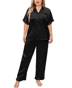 swomog womens satin plus size pajamas silk short sleeve pjs sets button up pajama with ruffle soft loungewear wedding pjs black