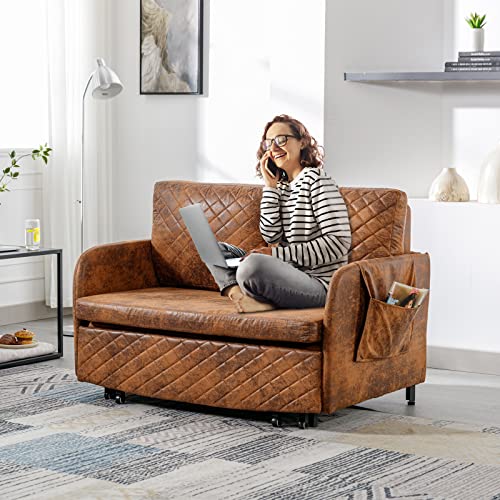 Antetek Sleeper Sofa Bed, 46-inch Faux Leather Loveseat Sleeper Sofa Couch with Pull-Out Bed, Small Love seat Sofa Single Bed with a Detachable Side Pocket for Living Room, Office, Coffee