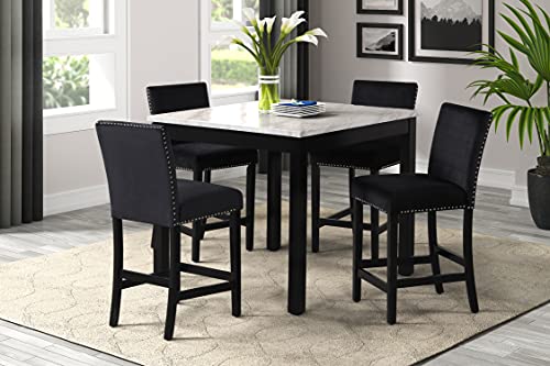 LCH 5-Piece Counter Height Set with One Faux Marble Dining Table and Four Upholstered-Seat Chairs for Kitchen and Living Room, Black