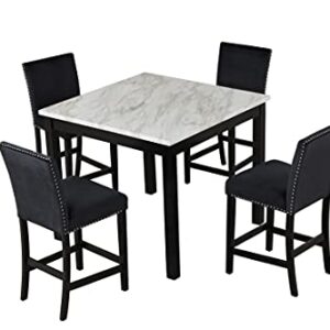 LCH 5-Piece Counter Height Set with One Faux Marble Dining Table and Four Upholstered-Seat Chairs for Kitchen and Living Room, Black